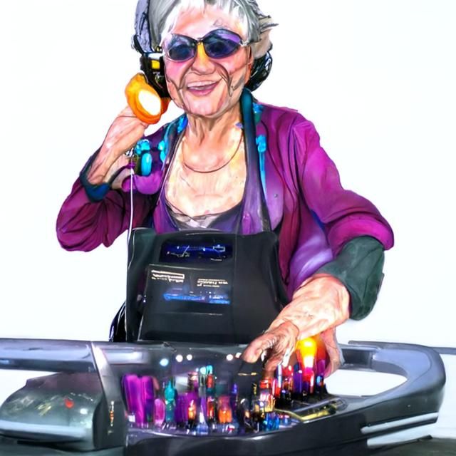 a beautiful old lady DJ doing amazing work, happy and cool ...