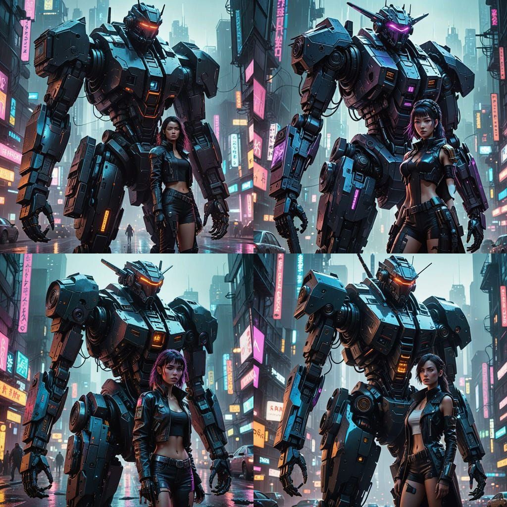 Cyberpunk Girls Battle Mech in Blade Runner Citysc... - AI Art