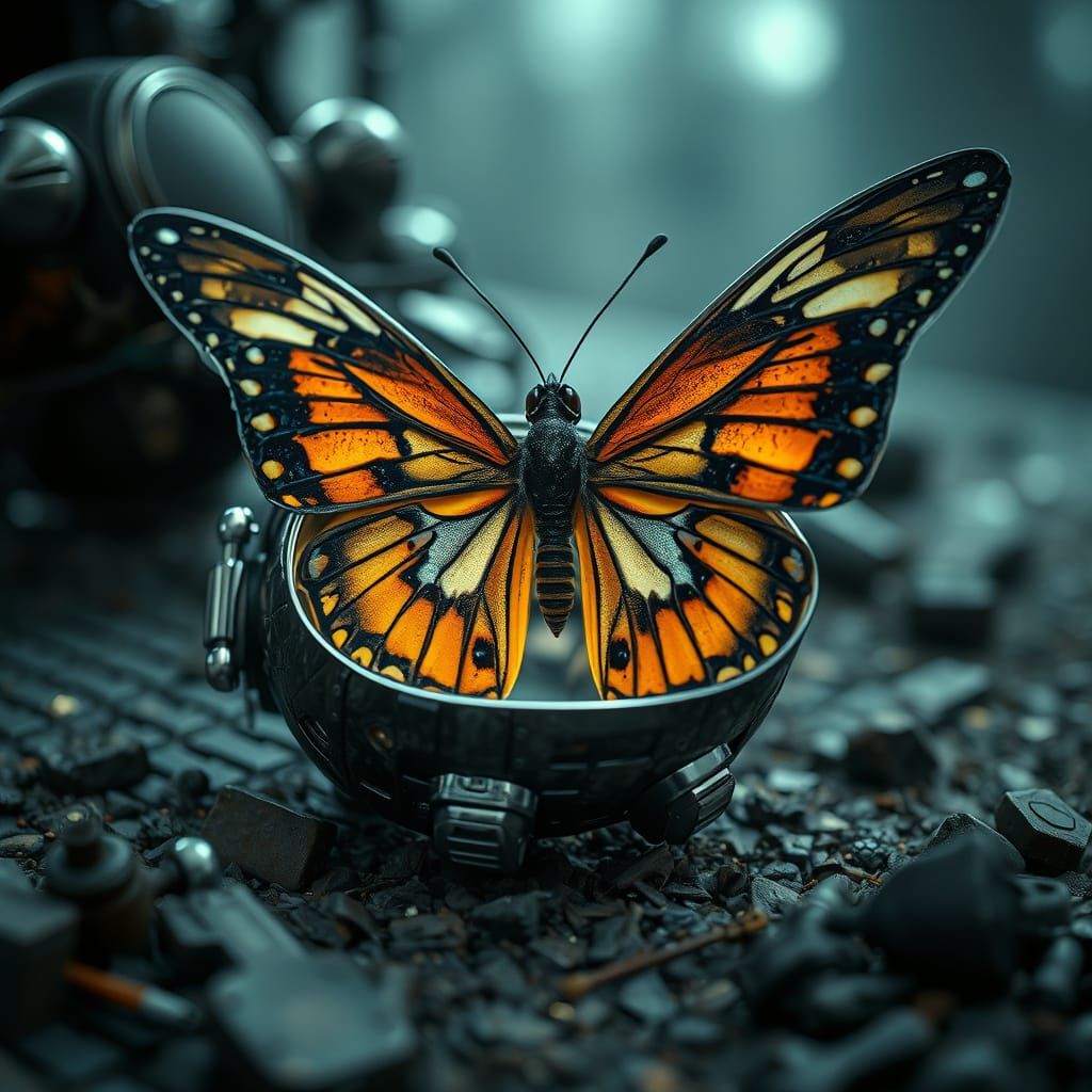 Confused Butterfly Emerges from Metallic Cocoon - AI Art