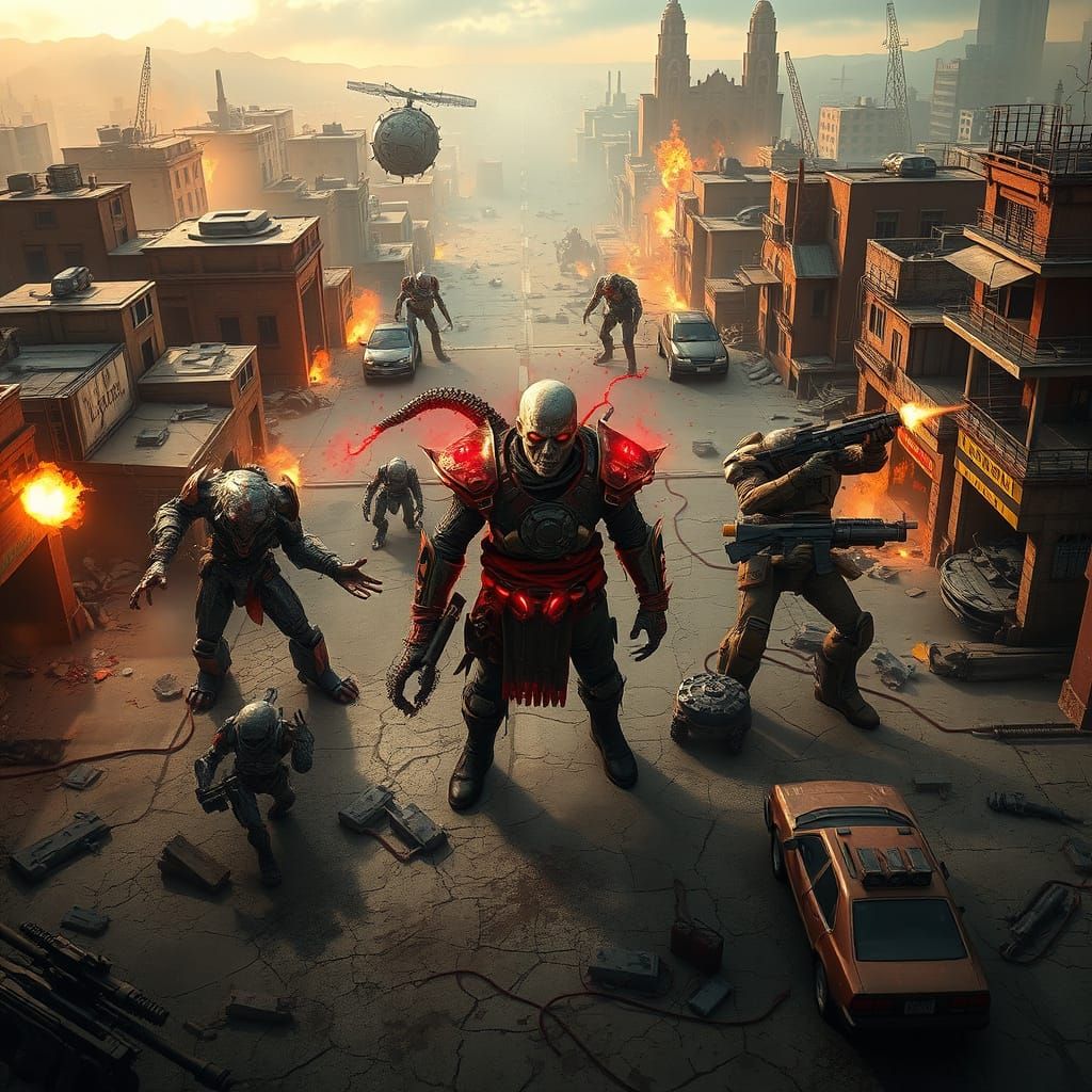 Cyberpunk Apocalypse Survival Scene with Zombies a... - AI Art