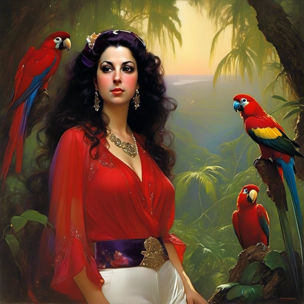 very long extremely curly black hair hanging over forehead, alluring ...