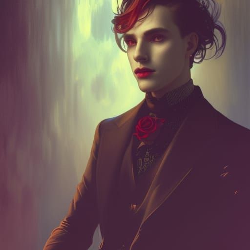 young man, sad, roses, gothic, horror, gold lighting, elegant, blue and ...