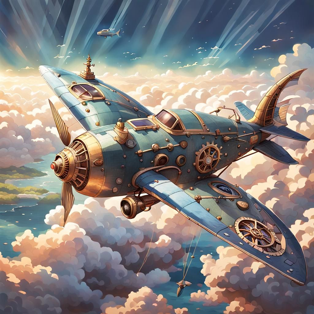 (Hyper detailed storybook illustration of a flying fish as steampunk ...