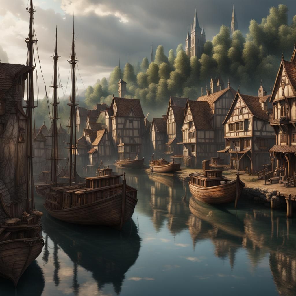 Lake-side medieval town with fishing vessels | fleet of wooden ships ...
