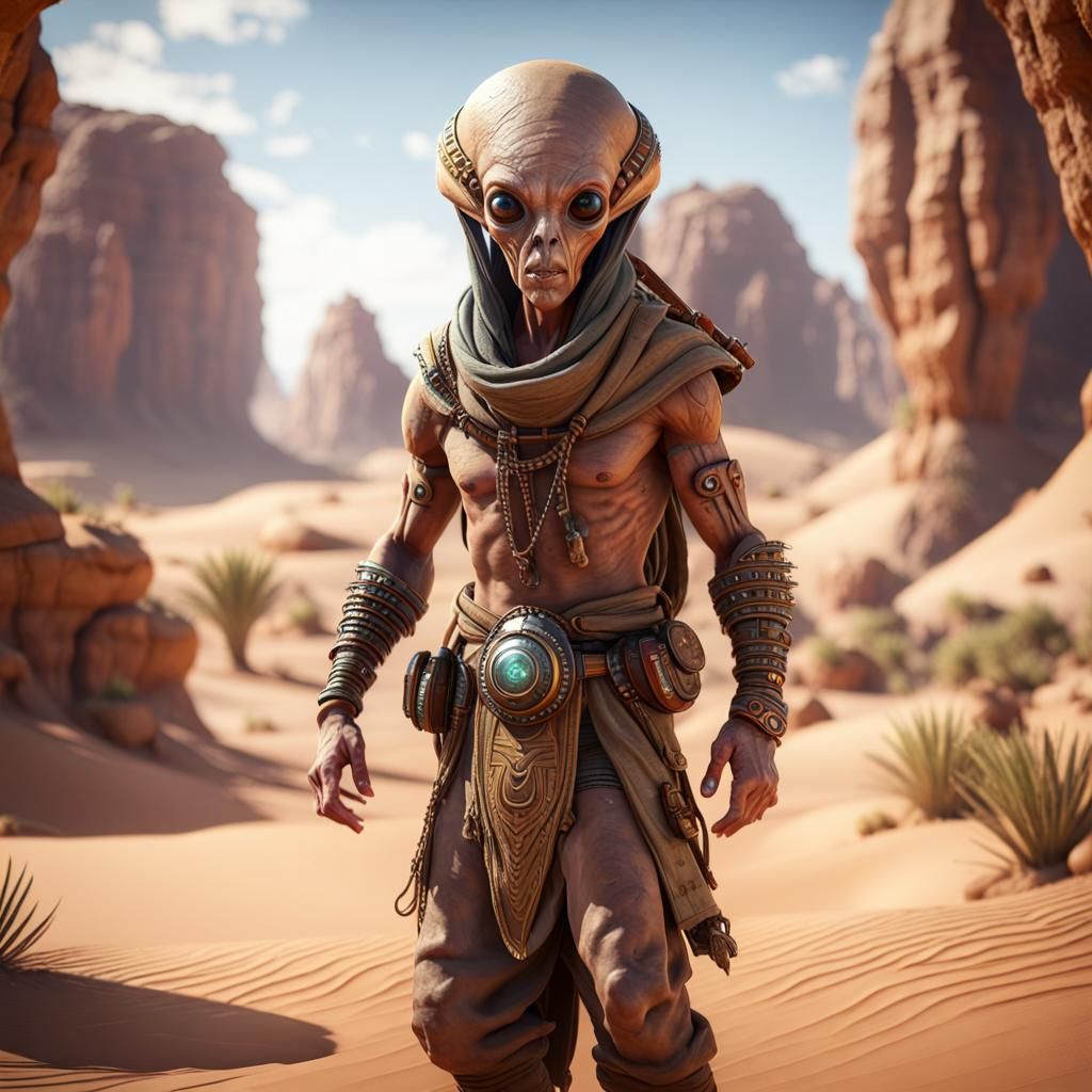 Tribal Alien Nomad Desert Traveller at Oasis Well - AI Generated ...