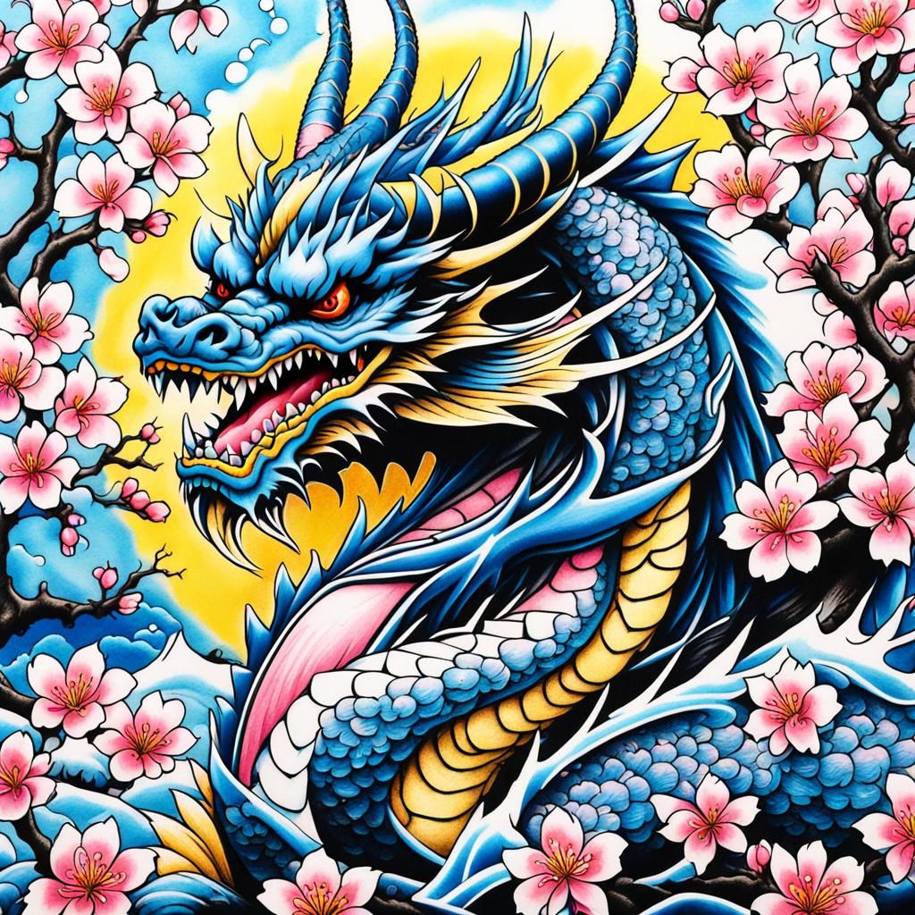 Japanese winged dragon vibrant blue yellow surrounded by pink cherry ...