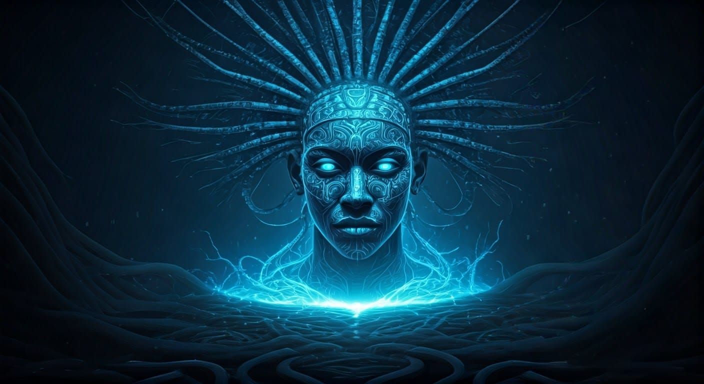 Spirit nexus: ethereal Adinkra symbols pulse with electric blue energy ...