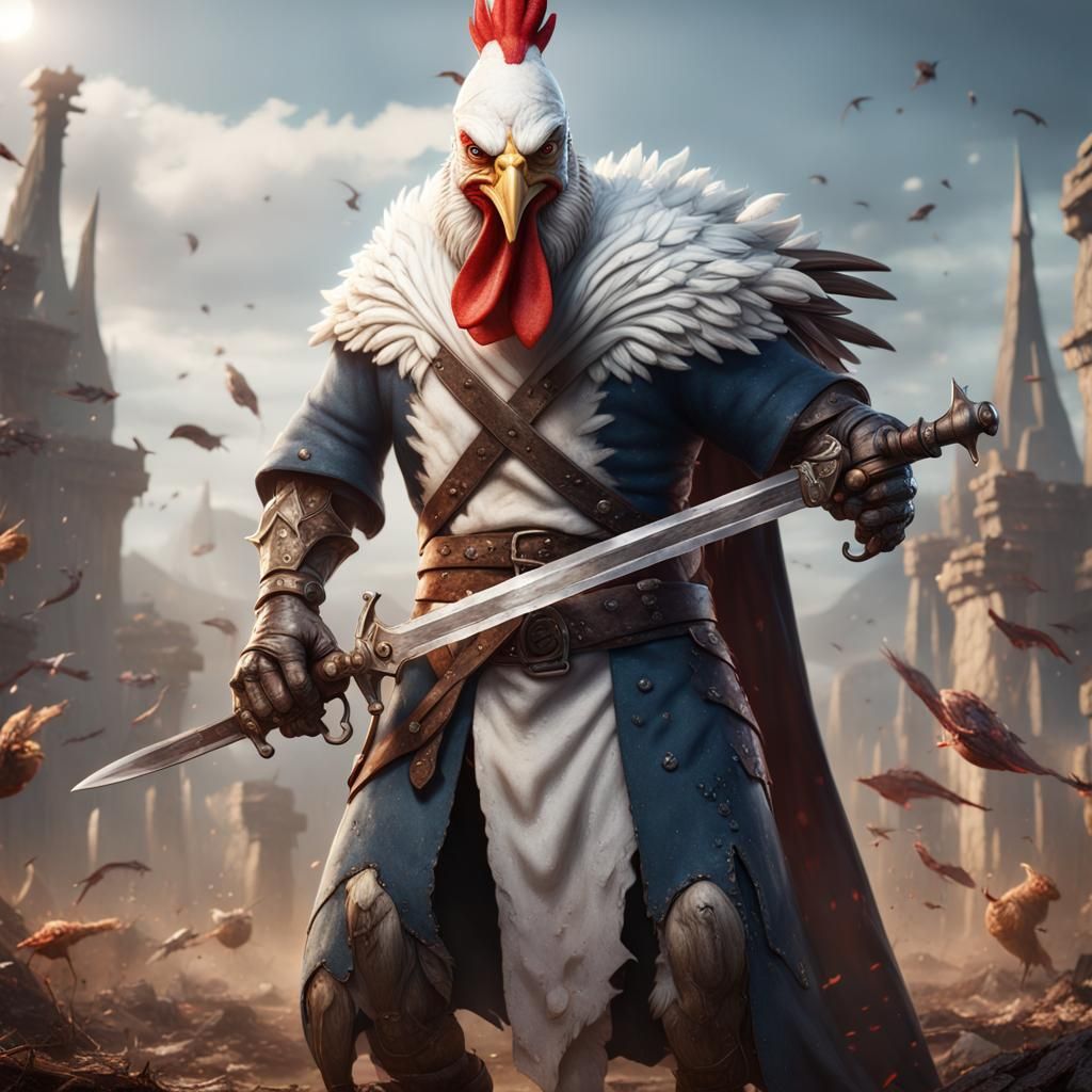 angry slim cook with high white cap cuts chicken with huge sword - AI ...