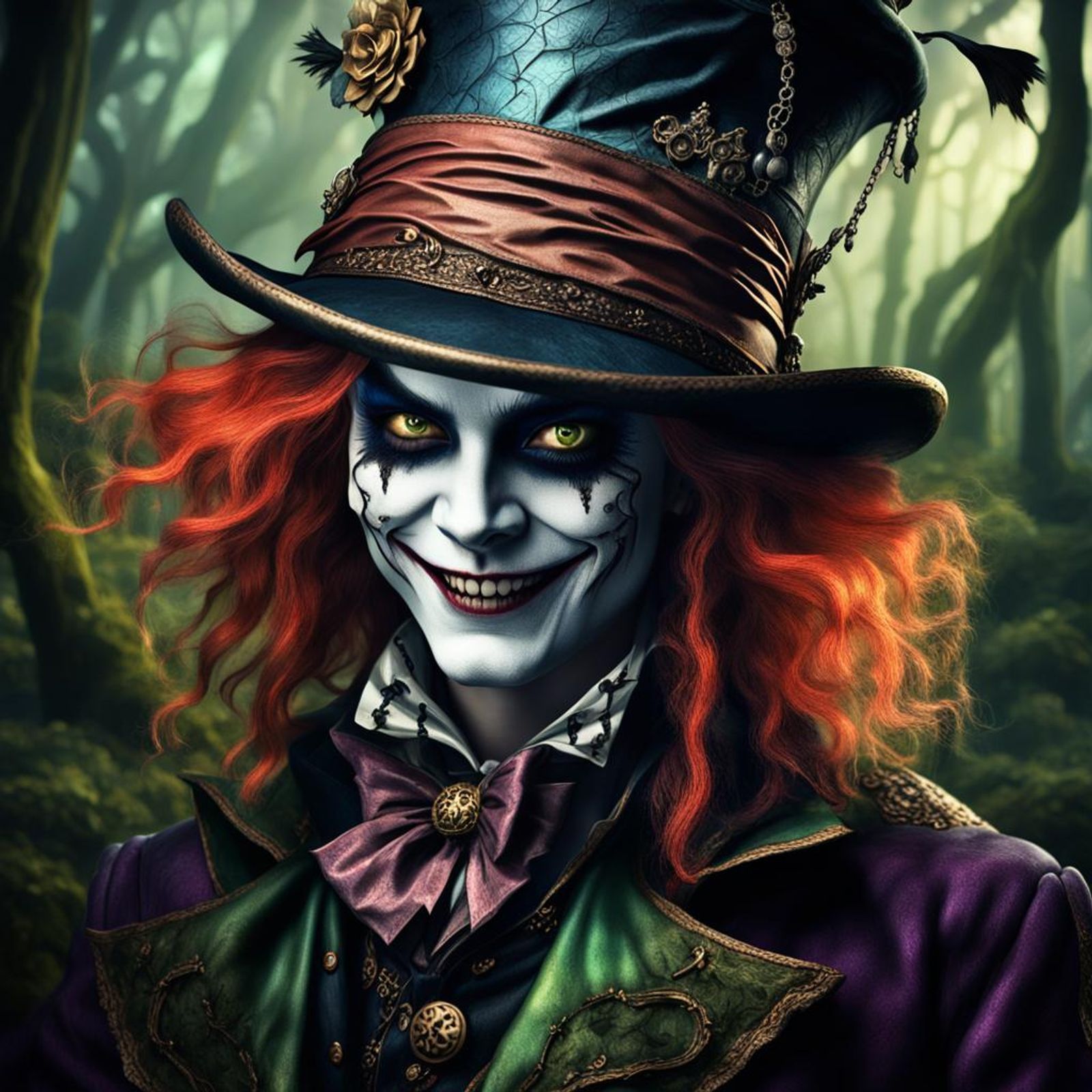 Photorealistic portrait of a evil female Mad Hatter whit sinister smile ...
