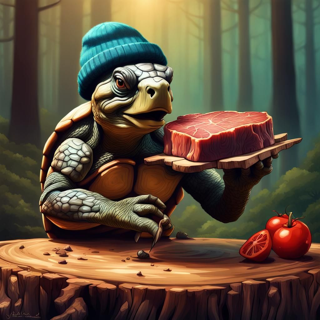 Turtle wearing a hipster beanie cap and eating a thick juicy rare steak ...