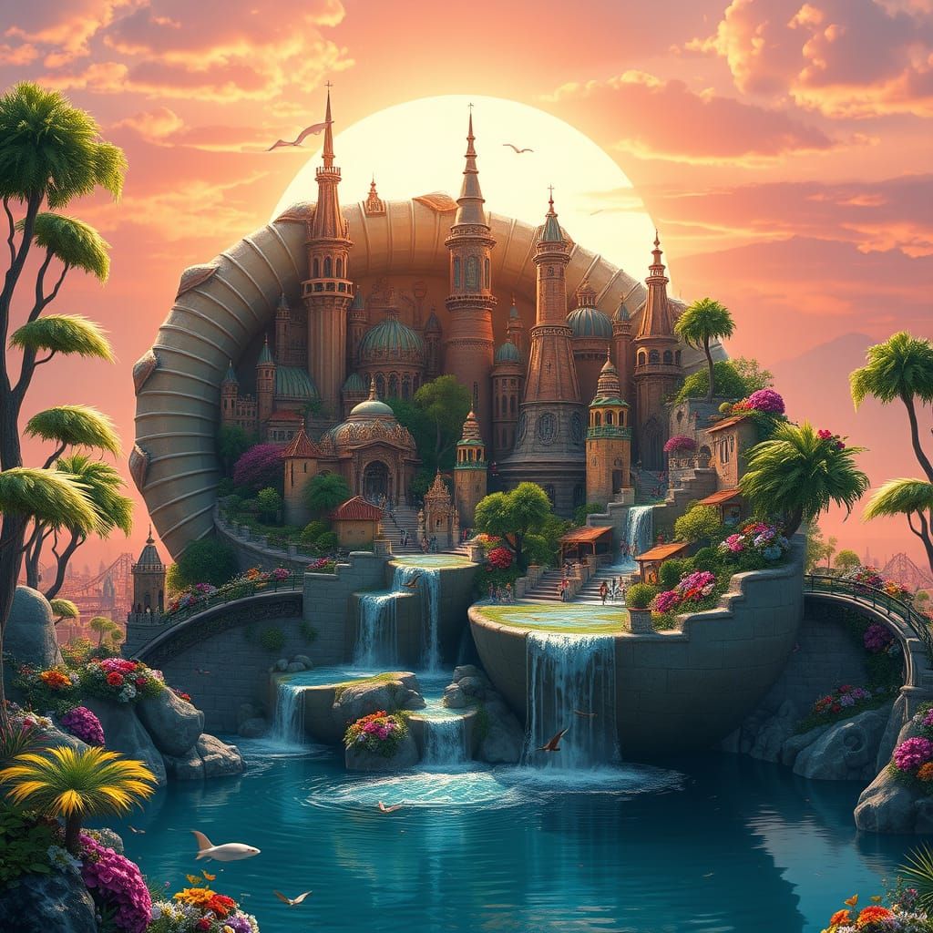 Whimsical Ancient Cityscape Within a Seashell in V... - AI Art