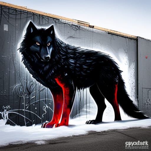 big black wolf with red eyes standing in the snow - AI Generated ...