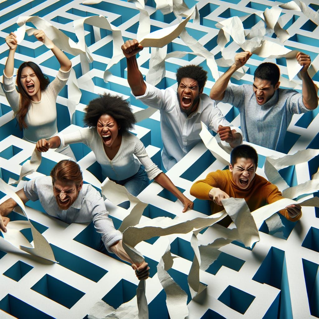 People tearing through a paper maze