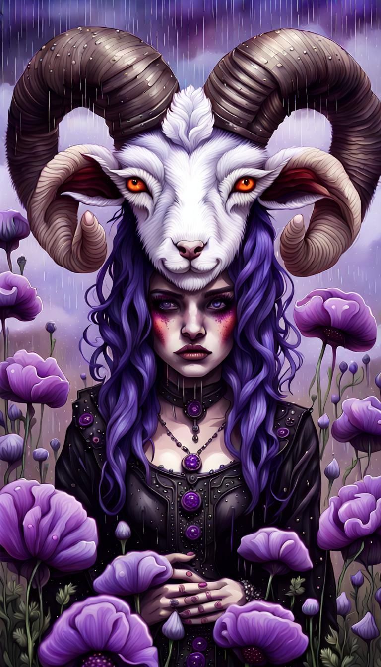 Sad beautiful goth animalistic fur-covered ram-horned manic pixie ...
