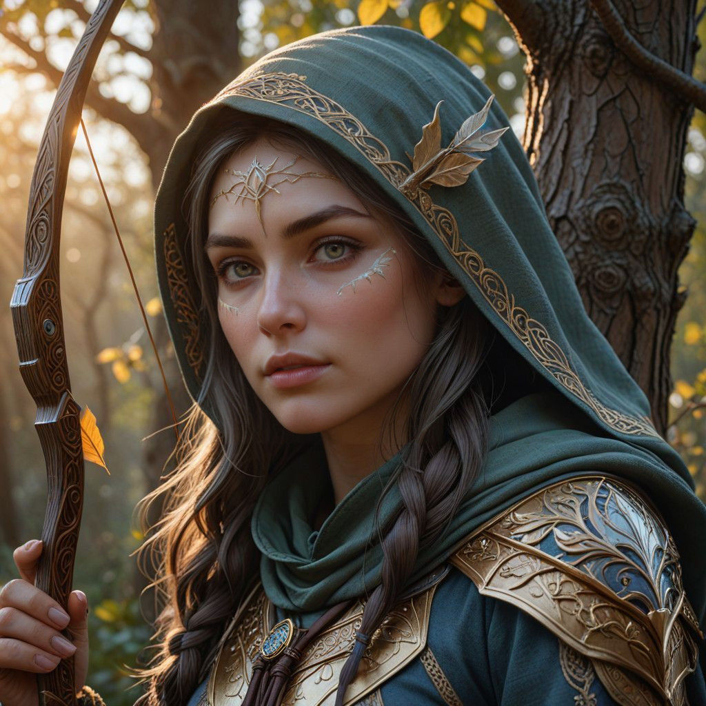 Ethereal Elven Huntress Illuminated by Soft Golden... - AI Art