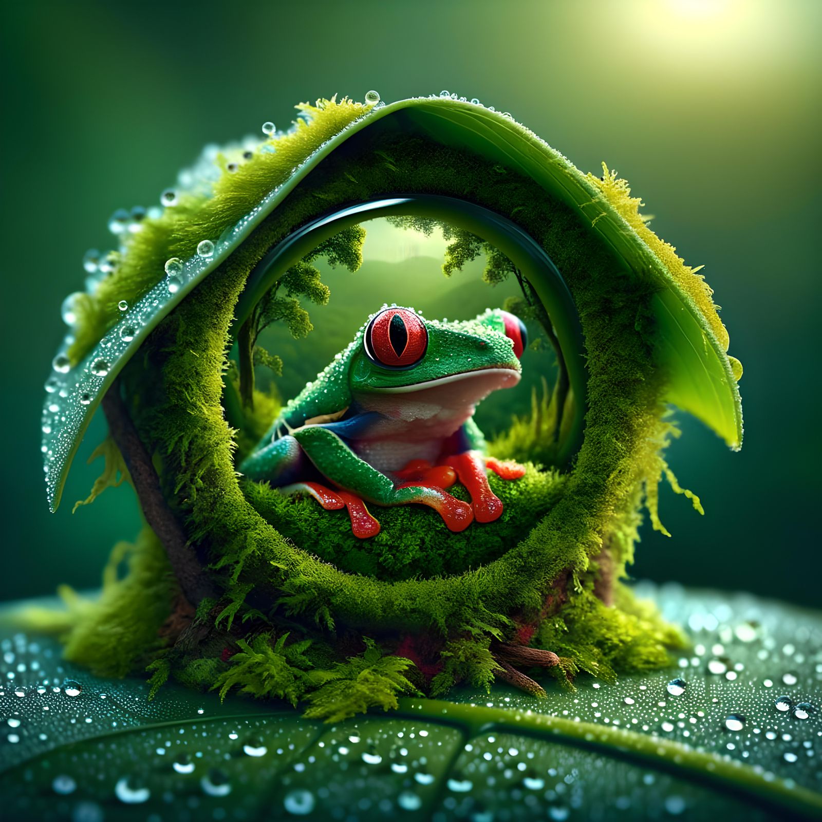Red Eyed Tree Frog Treehouse on a Leaf - AI Generated Artwork ...