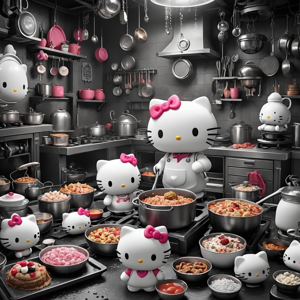 Cooking hello Kitty in Back and white - AI Generated Artwork ...