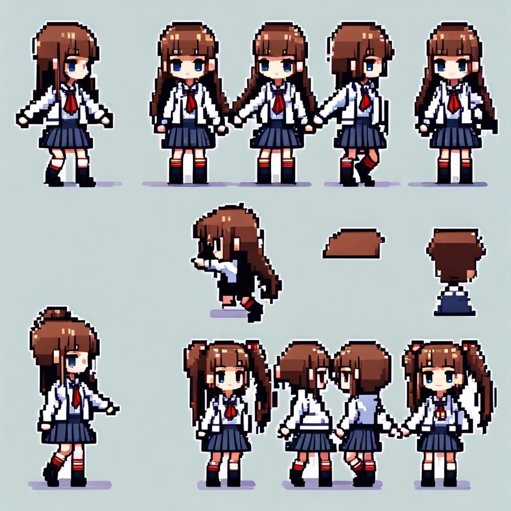 Pixel chibi anime girl in a school uniform sprite sheet walking ...