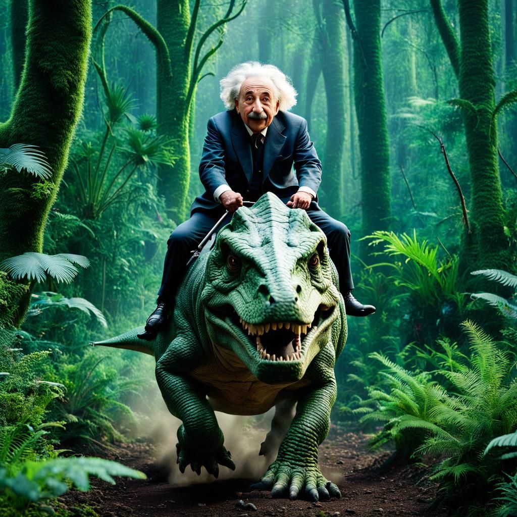portrait of Albert Einstein riding the dinosaur in the middle of the ...