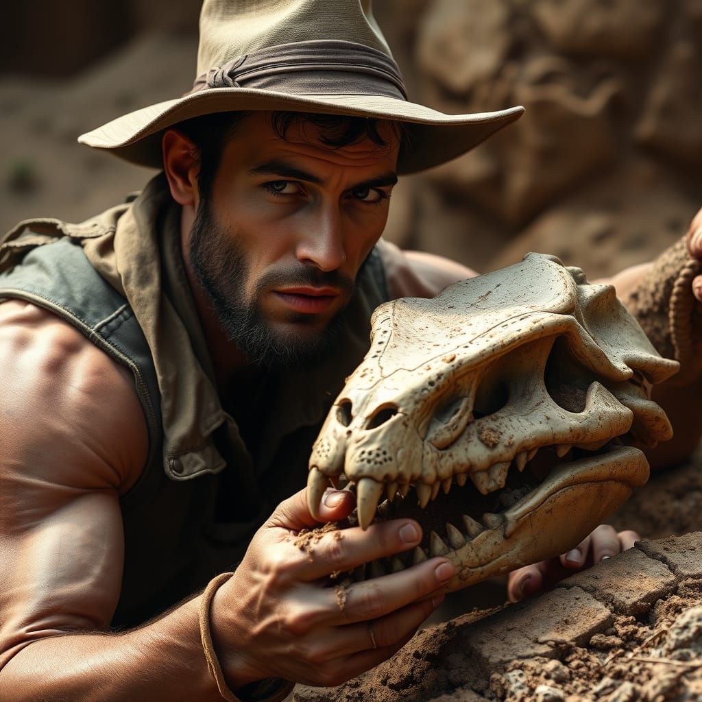 gorgeous, buff, male archeologist unearths a saurian skull, a dinosaur ...
