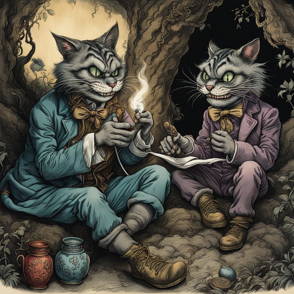 two brothers smoking opium with the Cheshire cat