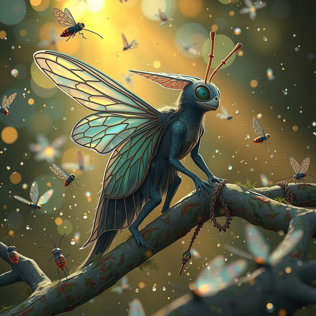 Iridescent Firefly Stands Amidst Fantastical Flame... - AI Art