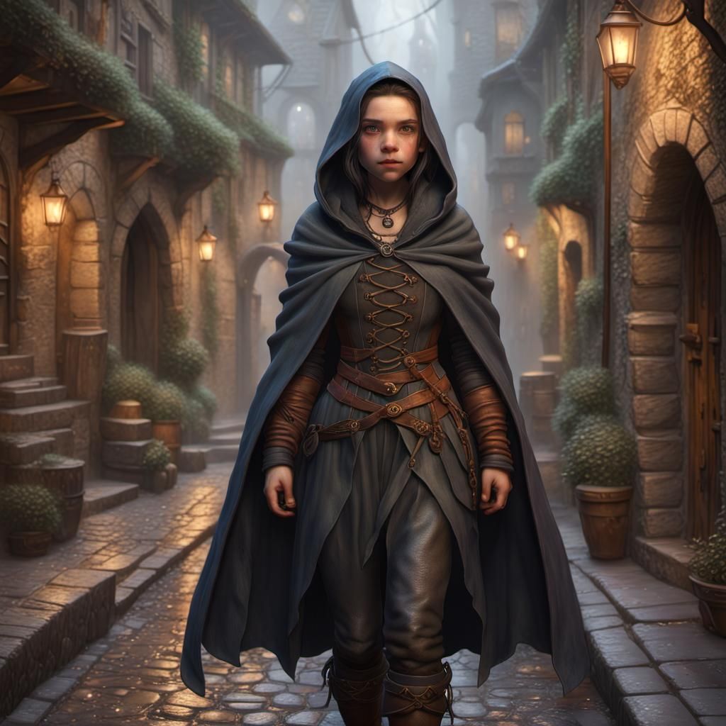 halfling female, long black hair, braids, brown eyes, leather, hooded ...