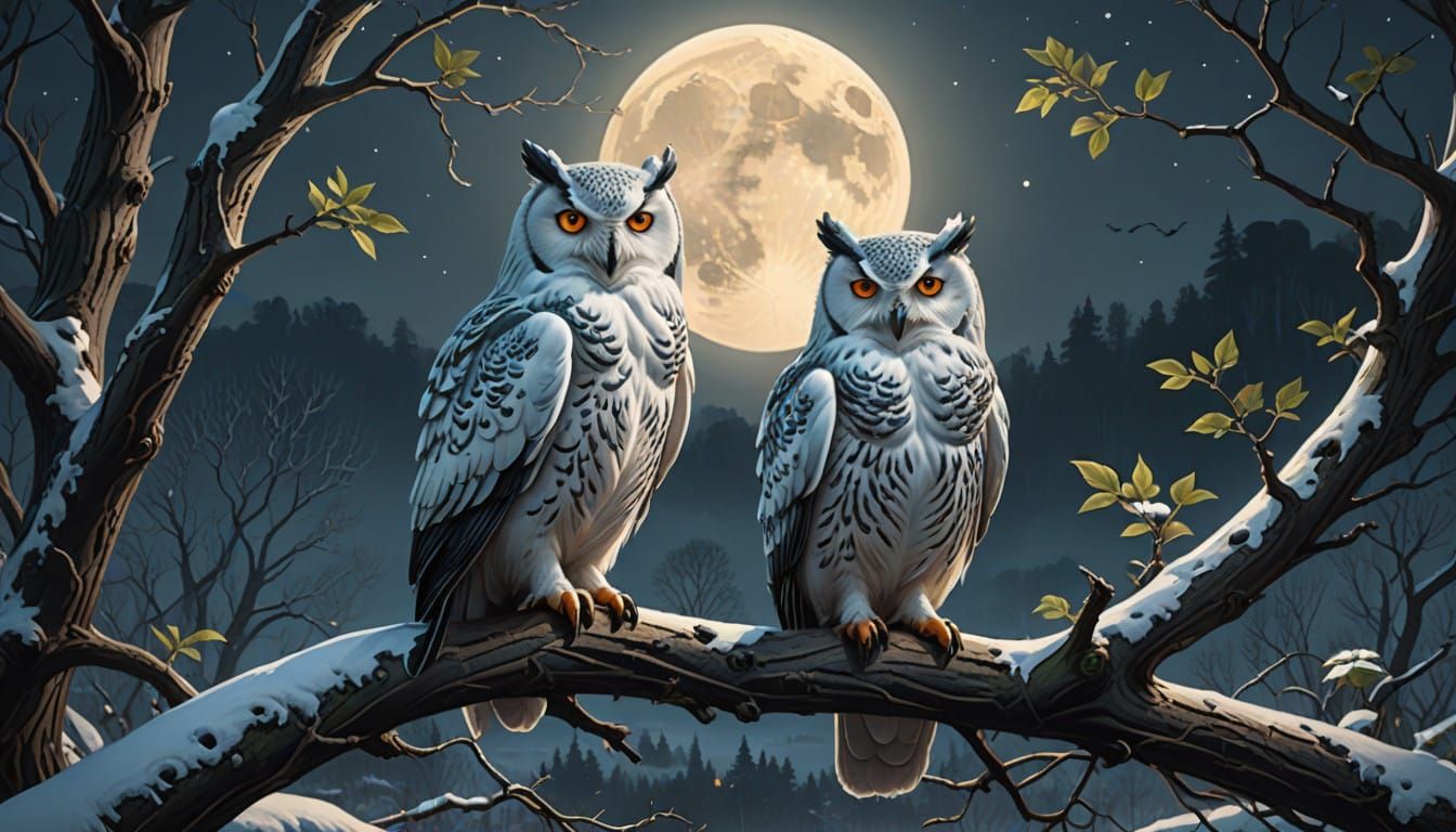 Ethereal Moonlit Owls Perched on a Gnarled Tree in... - AI Art