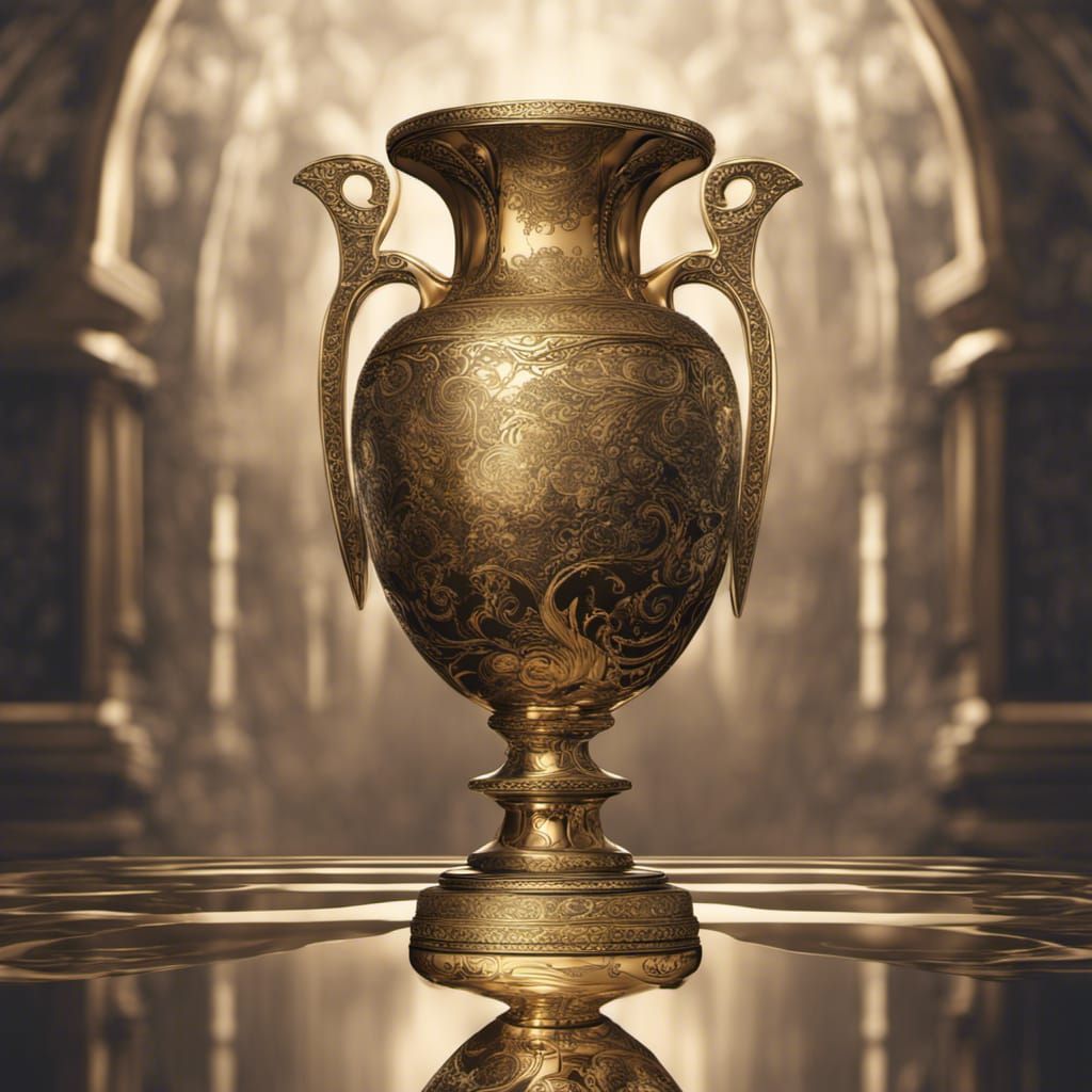 Elaborately engraved polished golden vase/trophy with a shallow bowl ...