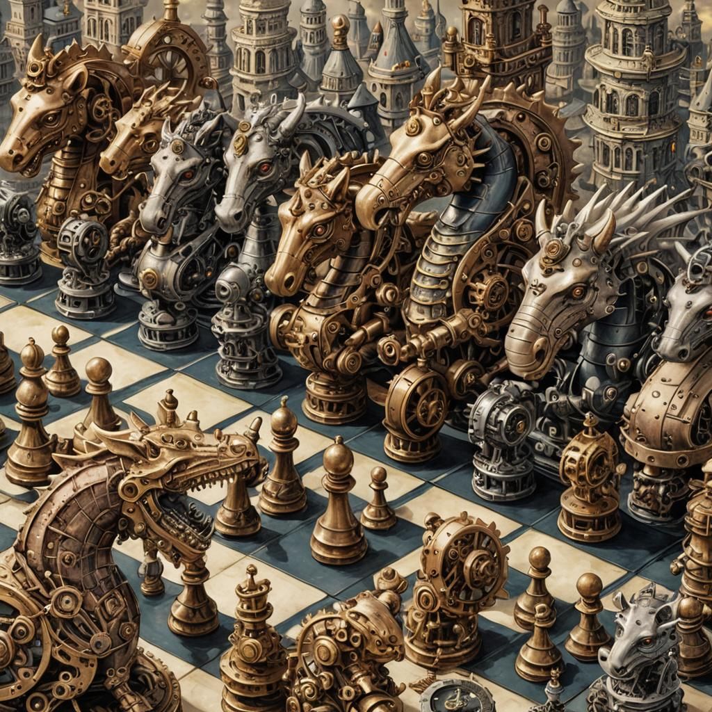 A whimsical, steampunk-inspired chess set where each piece is a unique ...