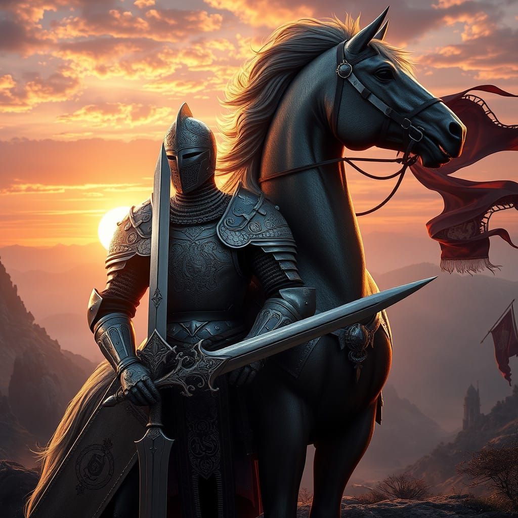 Ethereal Sunset Knight in Ornate Armor Beside Maje... - AI Art