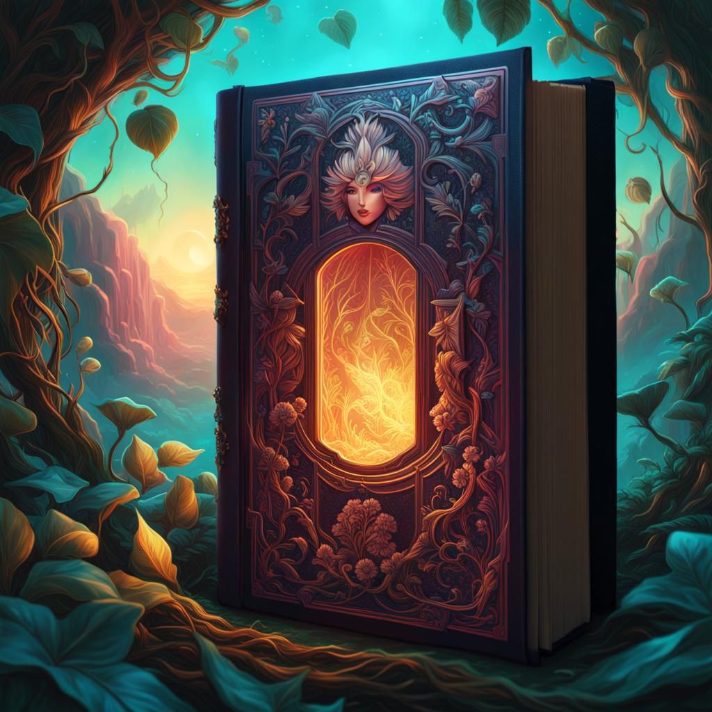 "A thick upright book, An ancient, intricately adorned tome, ensnared ...