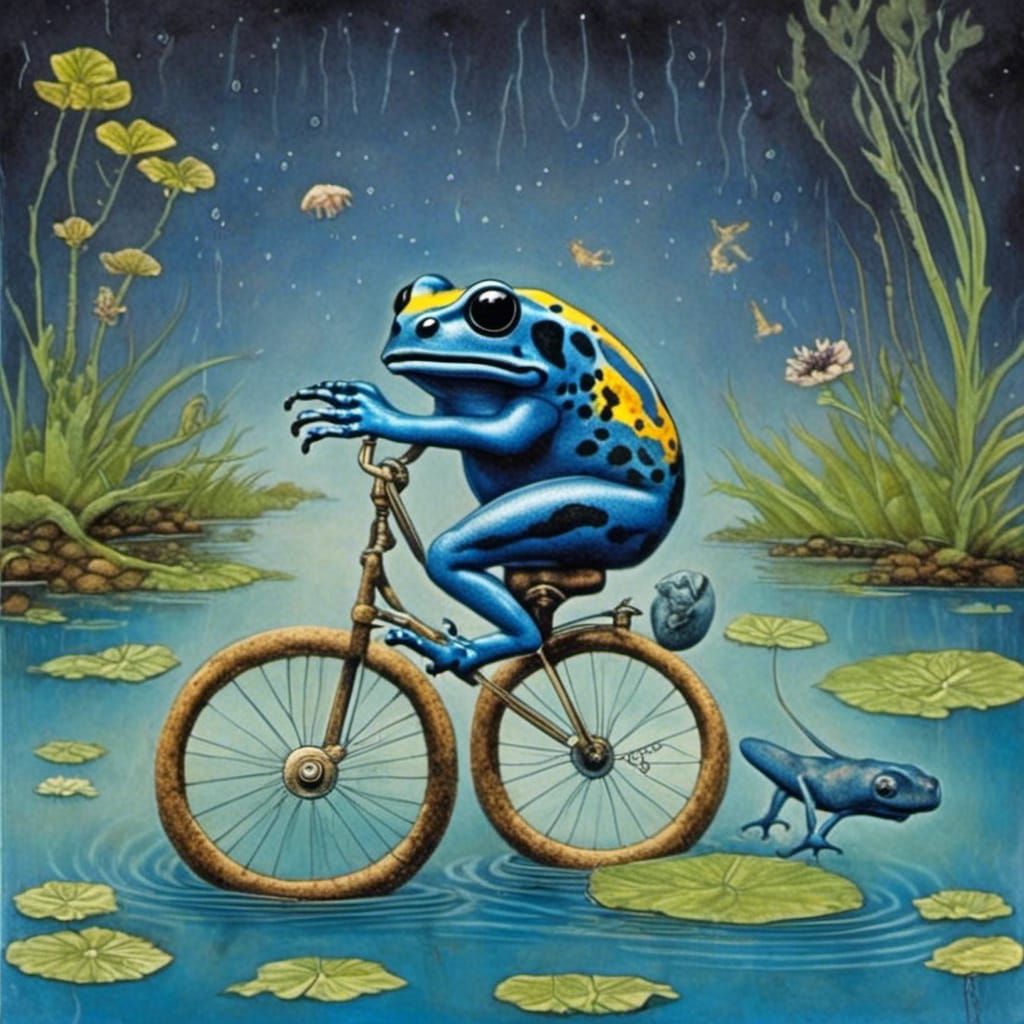 Blue poison dart frog riding a bike over a pond - AI Generated Artwork ...