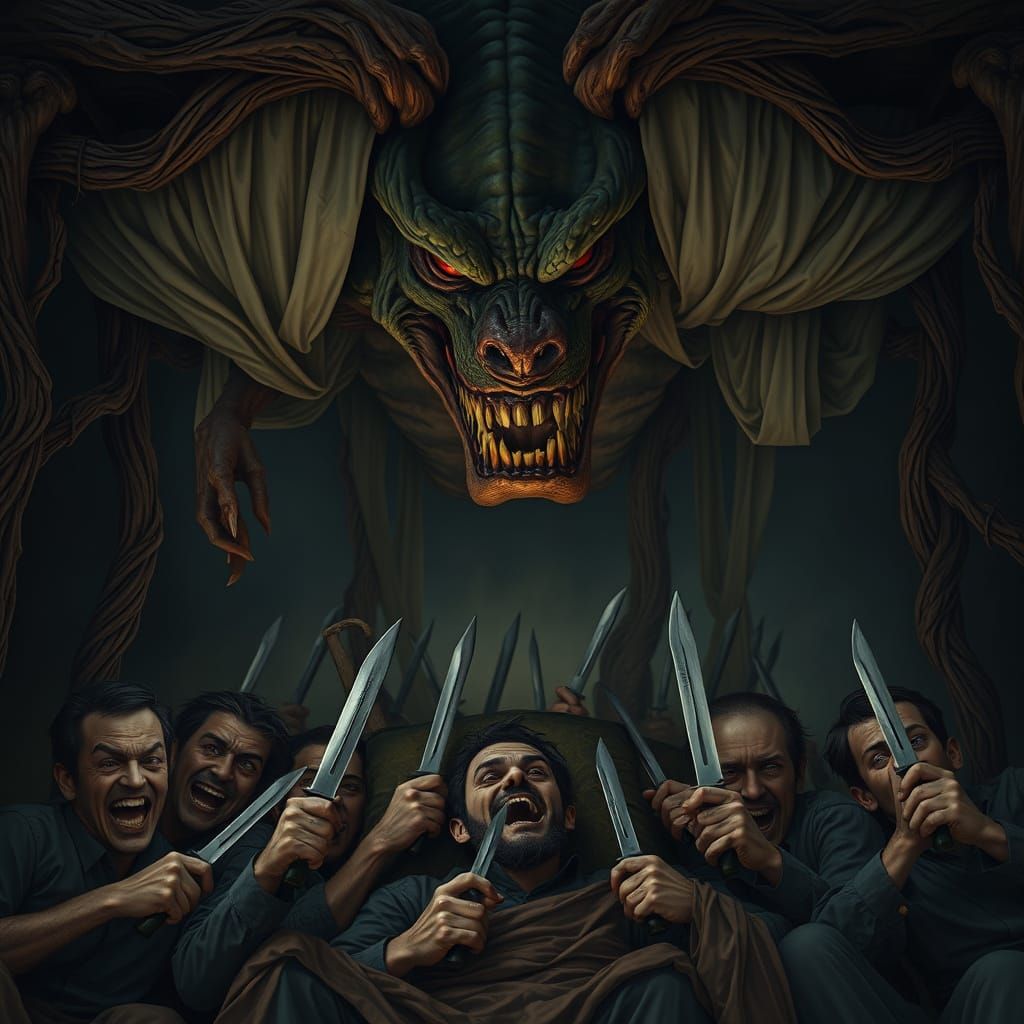 Sinister Humans Under Monstrous Bed, in a Dark, Fo... - AI Art