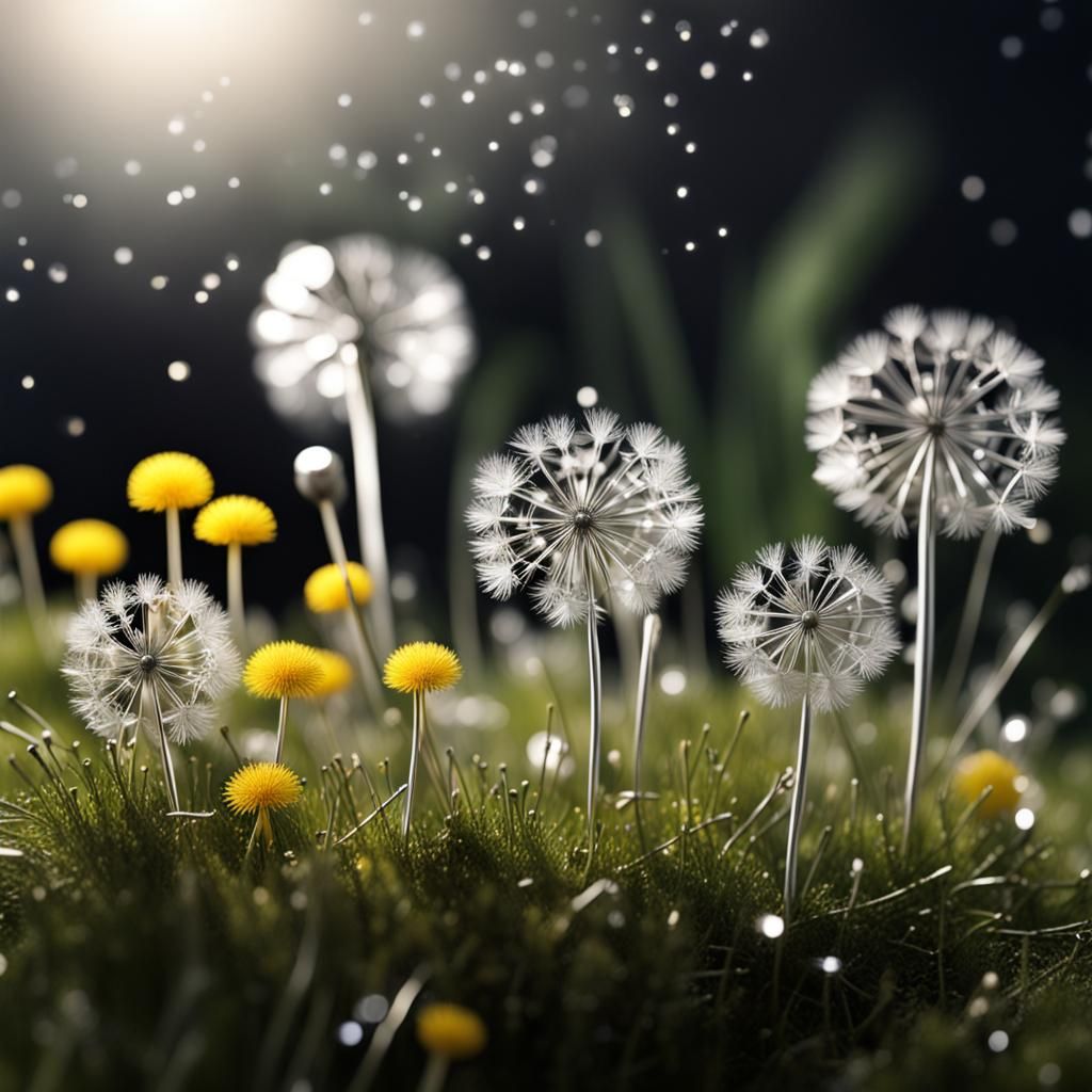 Photograph, Macro, silver steel metal dandelions on meadow, depth of field, particles, 3d ...