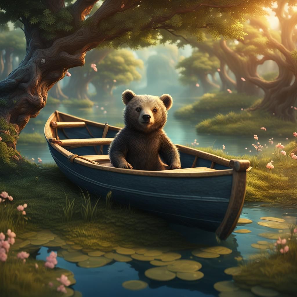 a cute baby bear in a small boat - AI Generated Artwork - NightCafe Creator