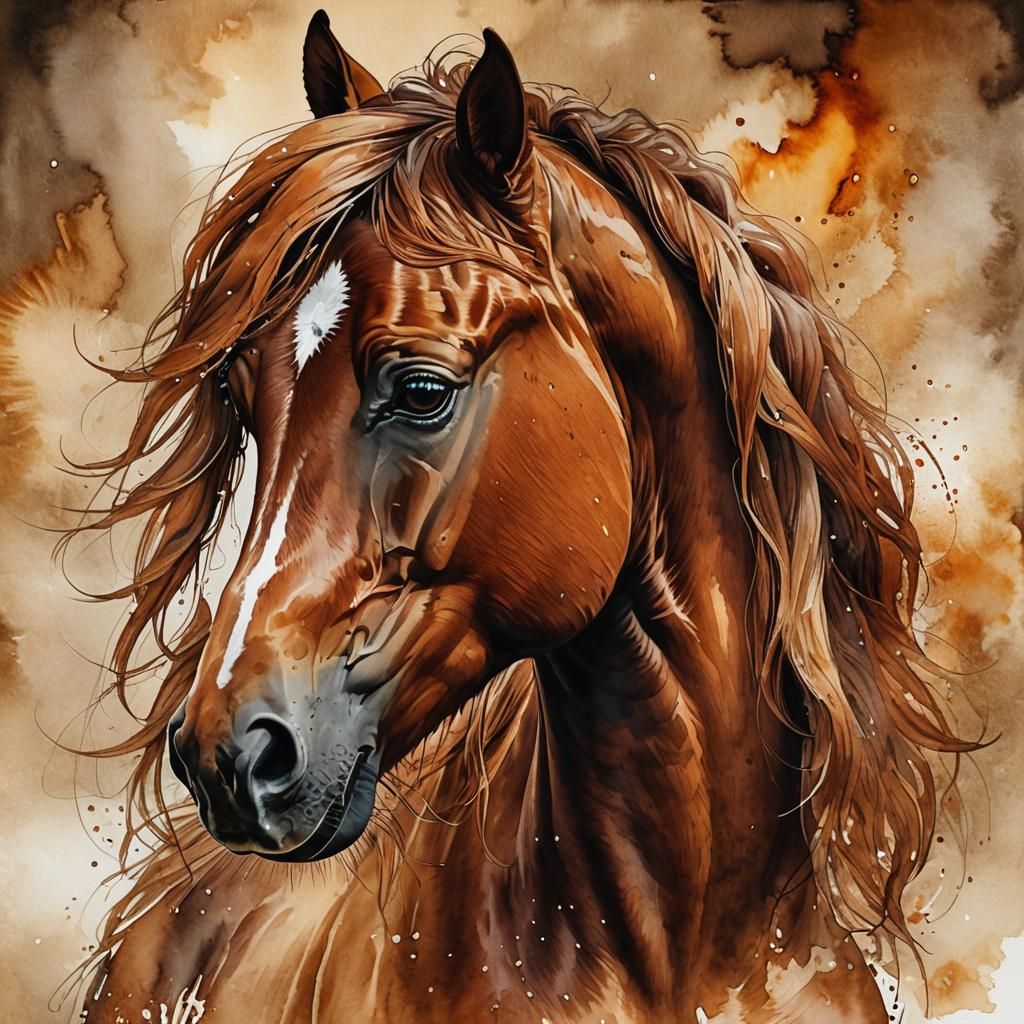 portrait of the head of a chestnut horse with shiny eyes in the style ...