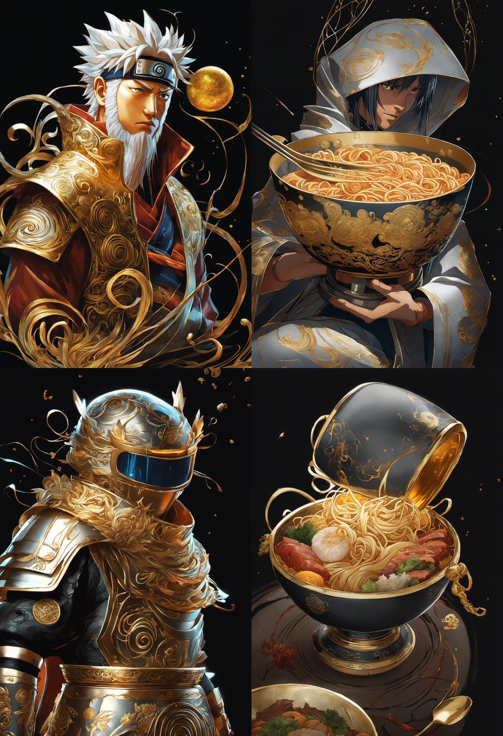 Naruto gold ramen bowl , silver outlines, shiny aura, highly detailed ...