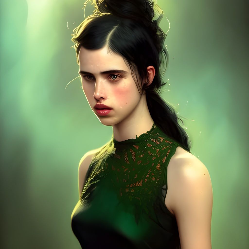 Margaret Qualley, black hair, dark eyes, dark green and orange lace ...