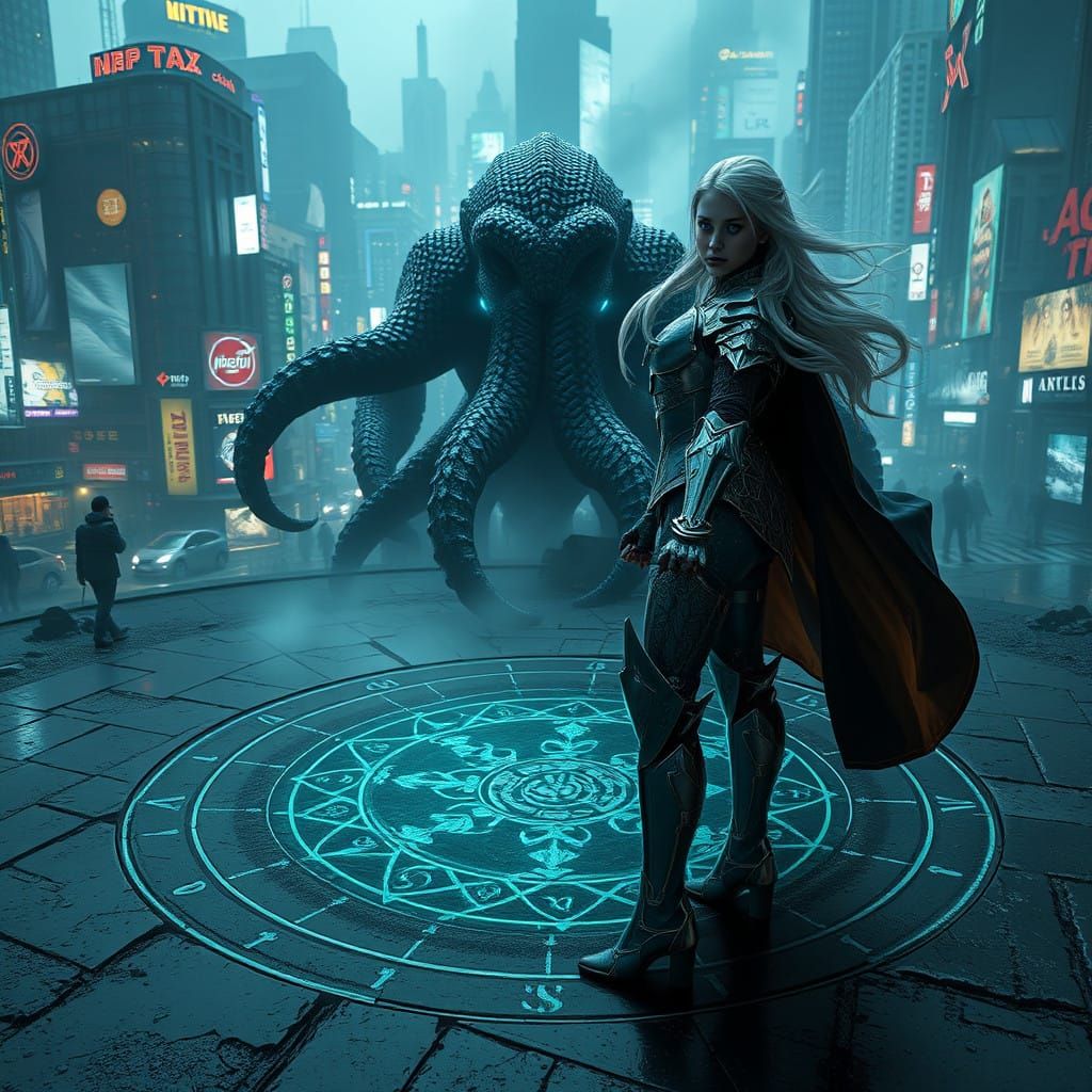 Elegant Knight Unleashes Cthulhu in Cyberpunk Metr... - AI Art