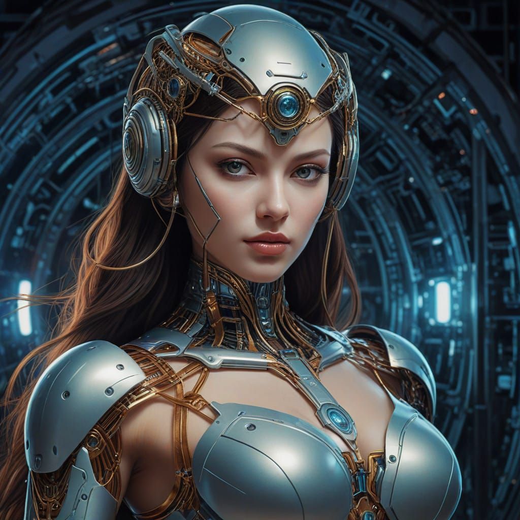 beautiful face, - Android Goddess in Neon Radiance