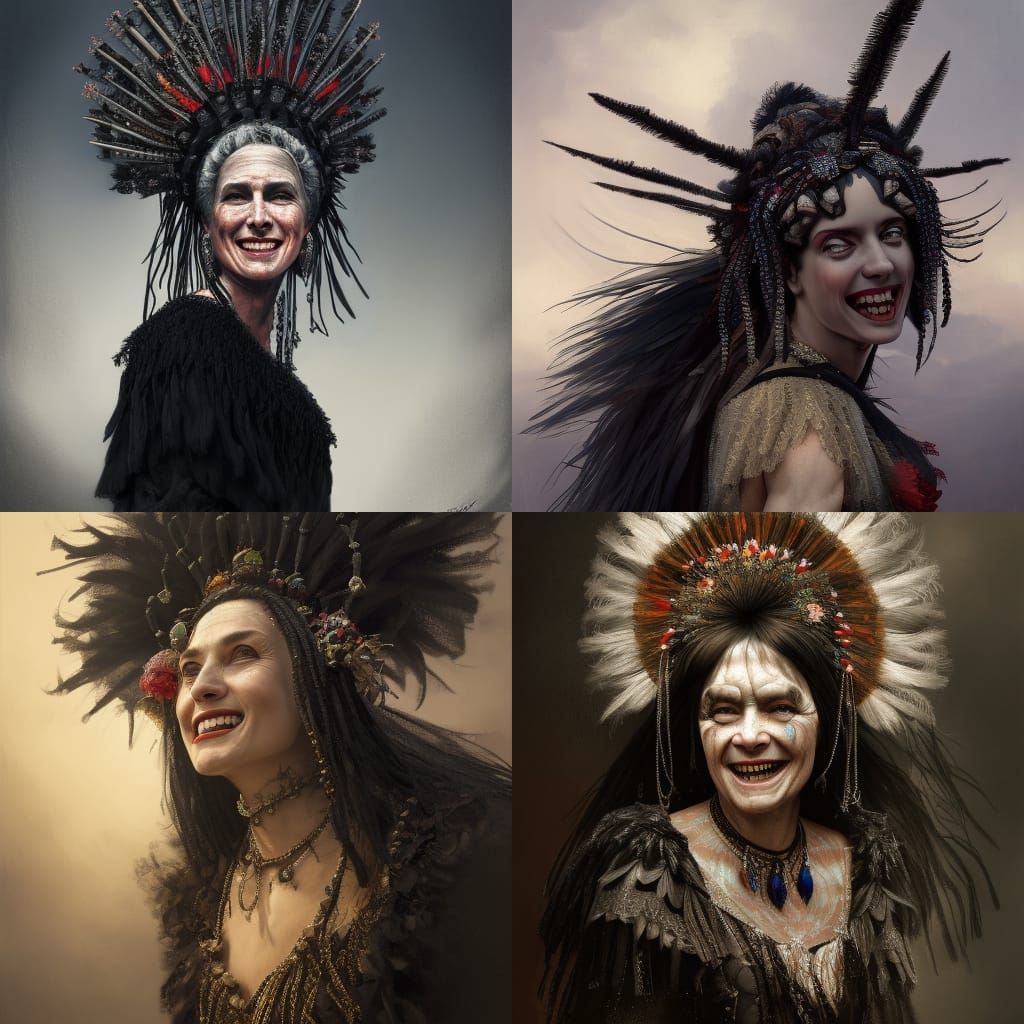 An evilly smiling hag wearing an elaborate fringed headdress and black ...