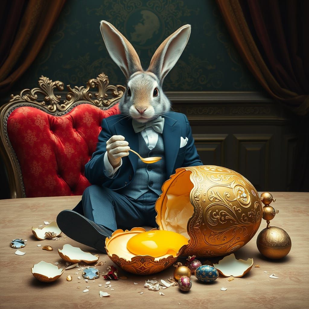 The Easter Bunny has broken a Faberge egg and is eating it with a spoon.