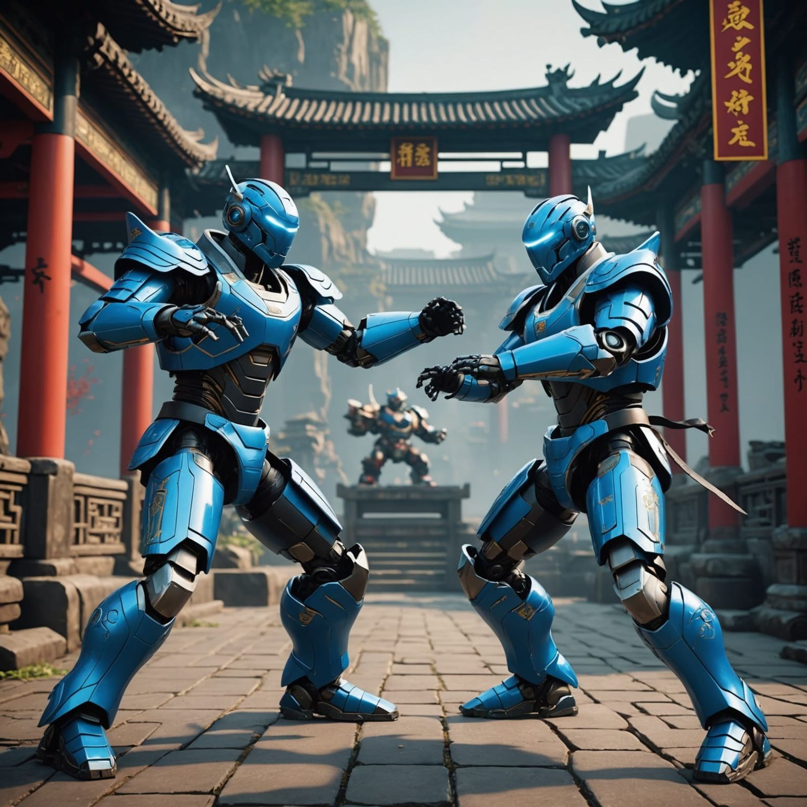 video game, 2 humanoid robots fight each other by doing kung fu, in the ...