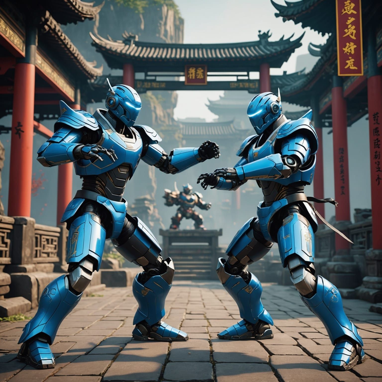 video game, 2 humanoid robots fight each other by doing kung fu, in the ...