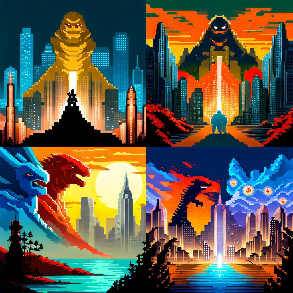 Pixel art, 8 bit art of Godzilla and Mothra bright colours, 1980s vibe ...