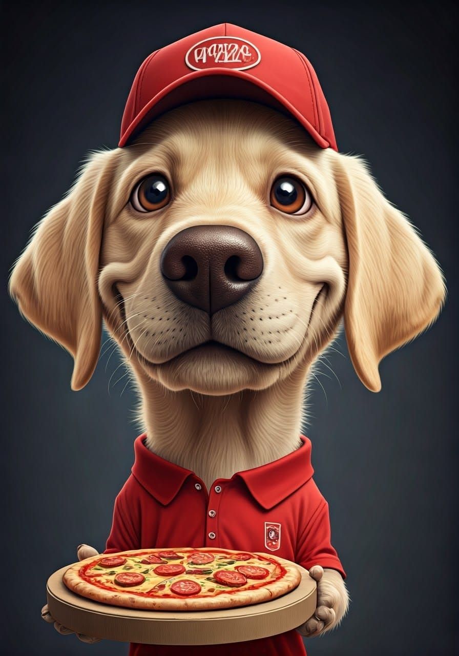 wacky adorable CGI Labrador as a pizza delivery boy. Funny caricature ...