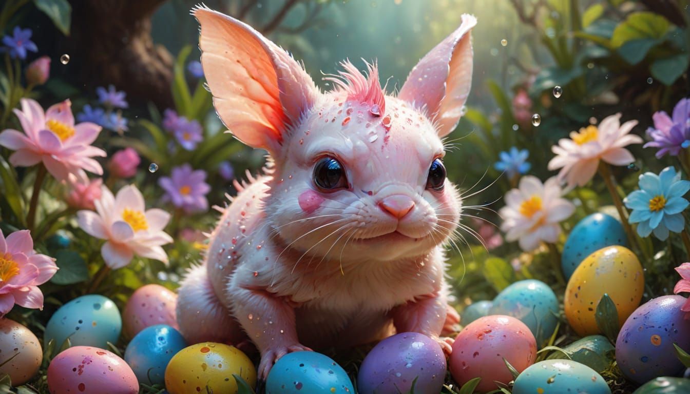Whimsical Easter Bunny Axolotl Hybrid in Vibrant O... - AI Art