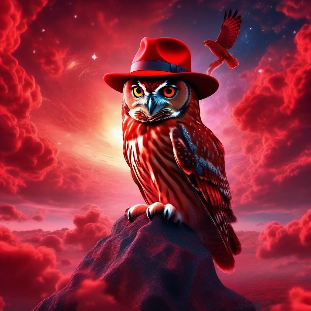 A red female Owl wearing a red fedora hat with - AI Generated Artwork ...
