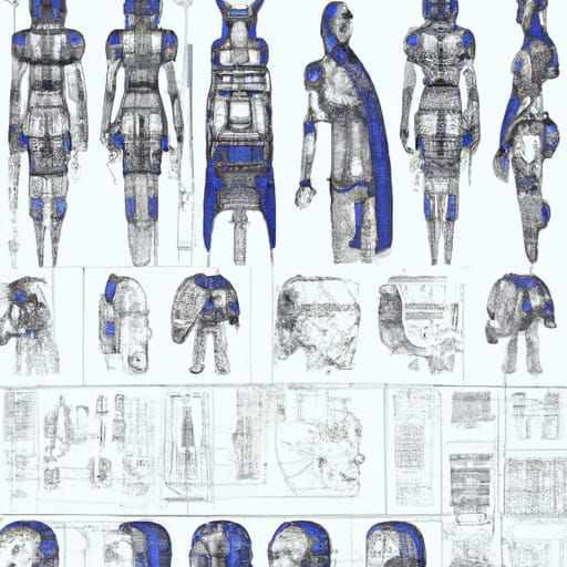 Detailed schematics of a female cyborg, venetian woman, blueprints ...